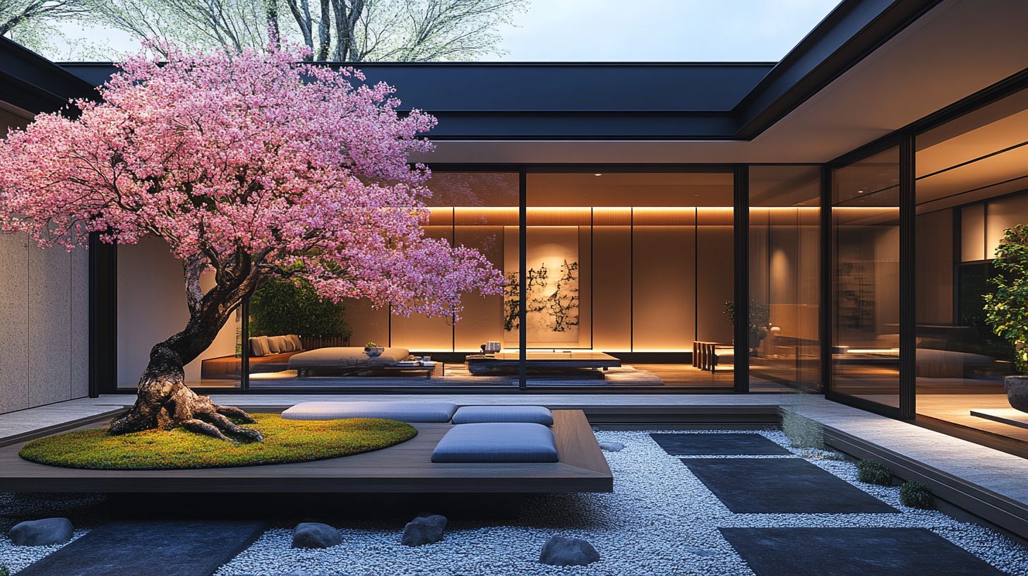 Modern Courtyard House with a Beautiful Cherry Blossom Tree