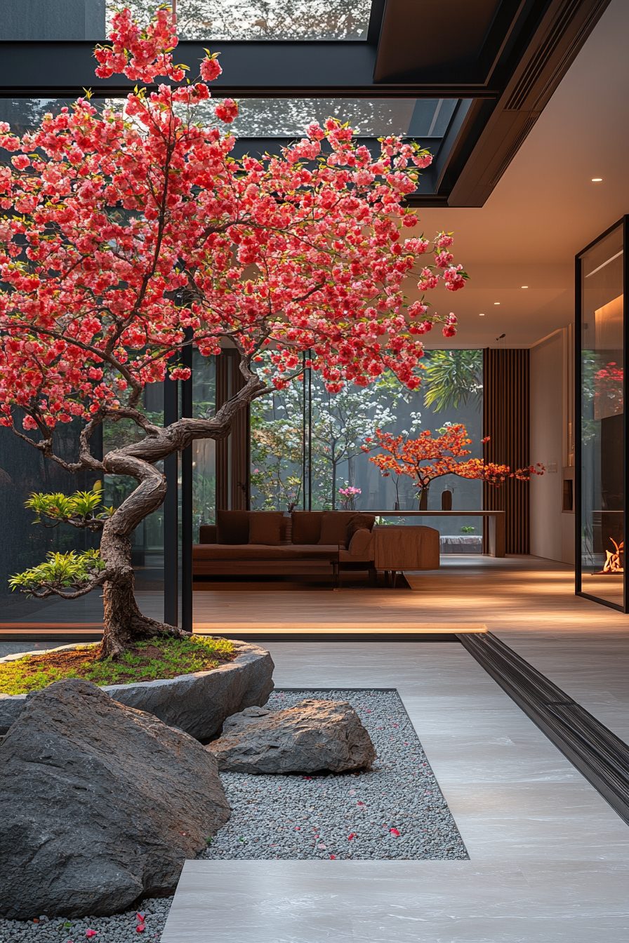 Modern Courtyard House with a Beautiful Cherry Blossom Tree
