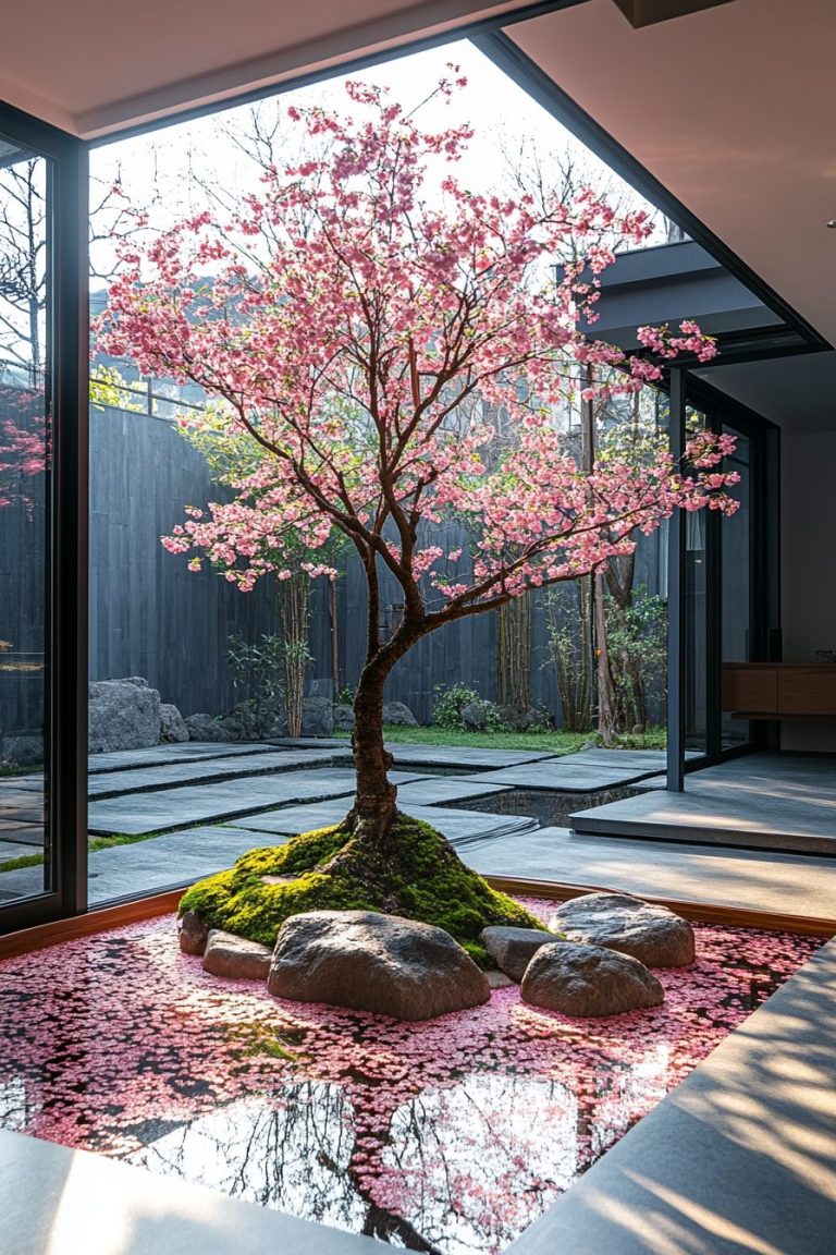 Modern Courtyard House with a Beautiful Cherry Blossom Tree