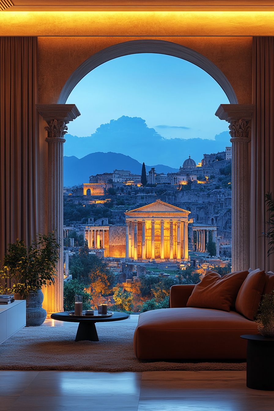 Modern Roman-Style Living Rooms with Ancient Cityscape Views