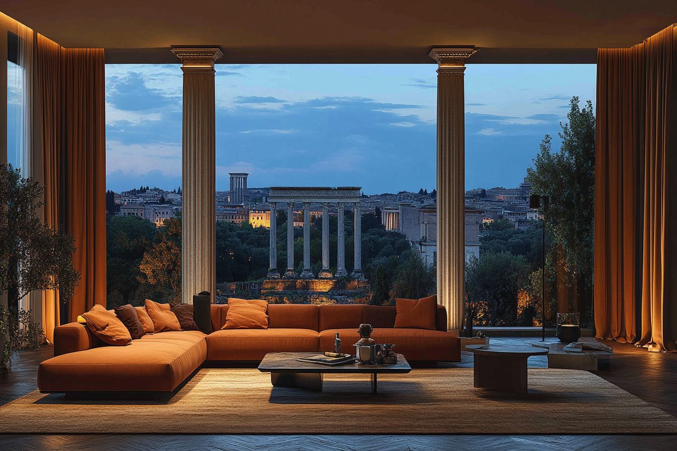 Modern Roman-Style Living Rooms with Ancient Cityscape Views