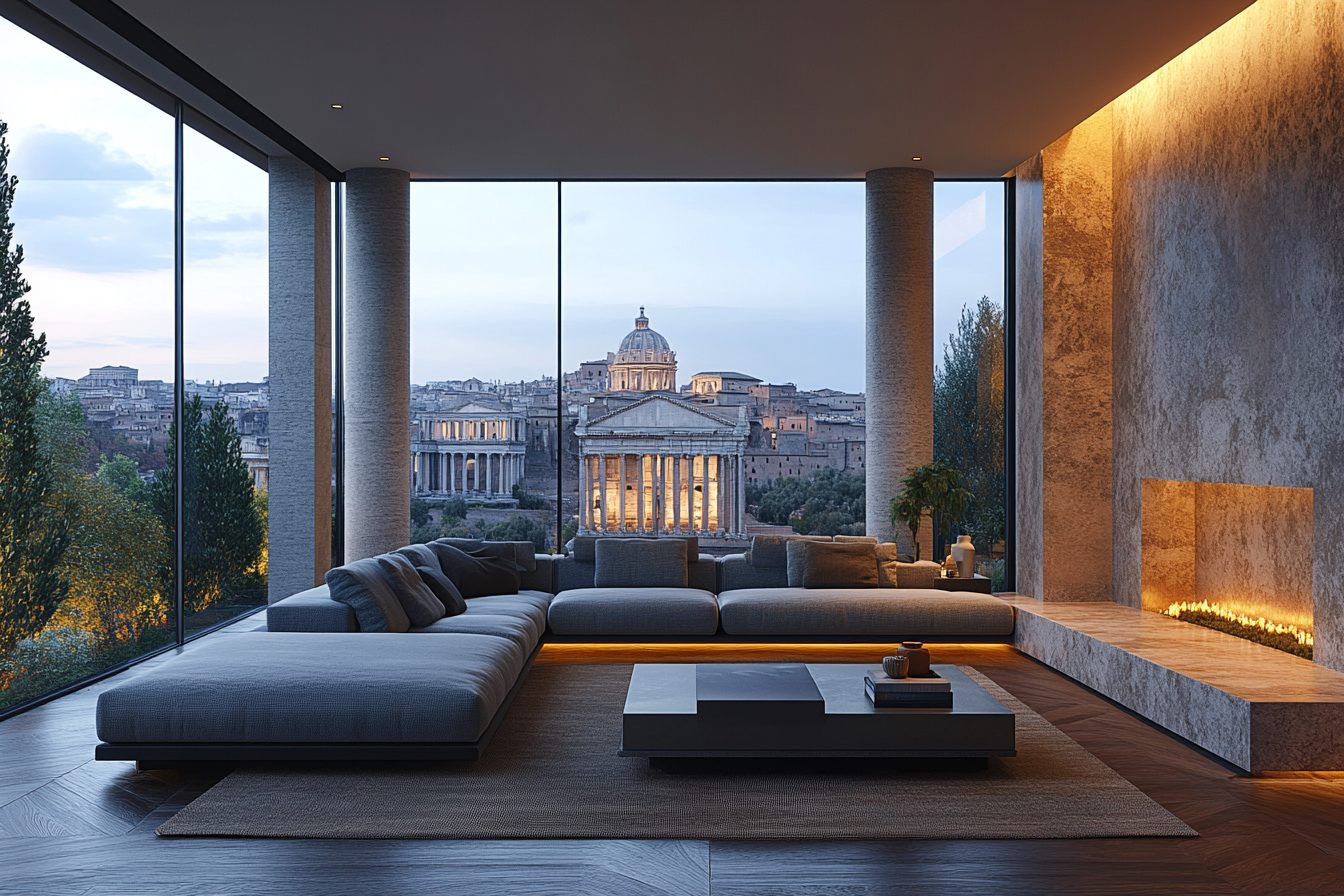 Modern Roman-Style Living Rooms with Ancient Cityscape Views