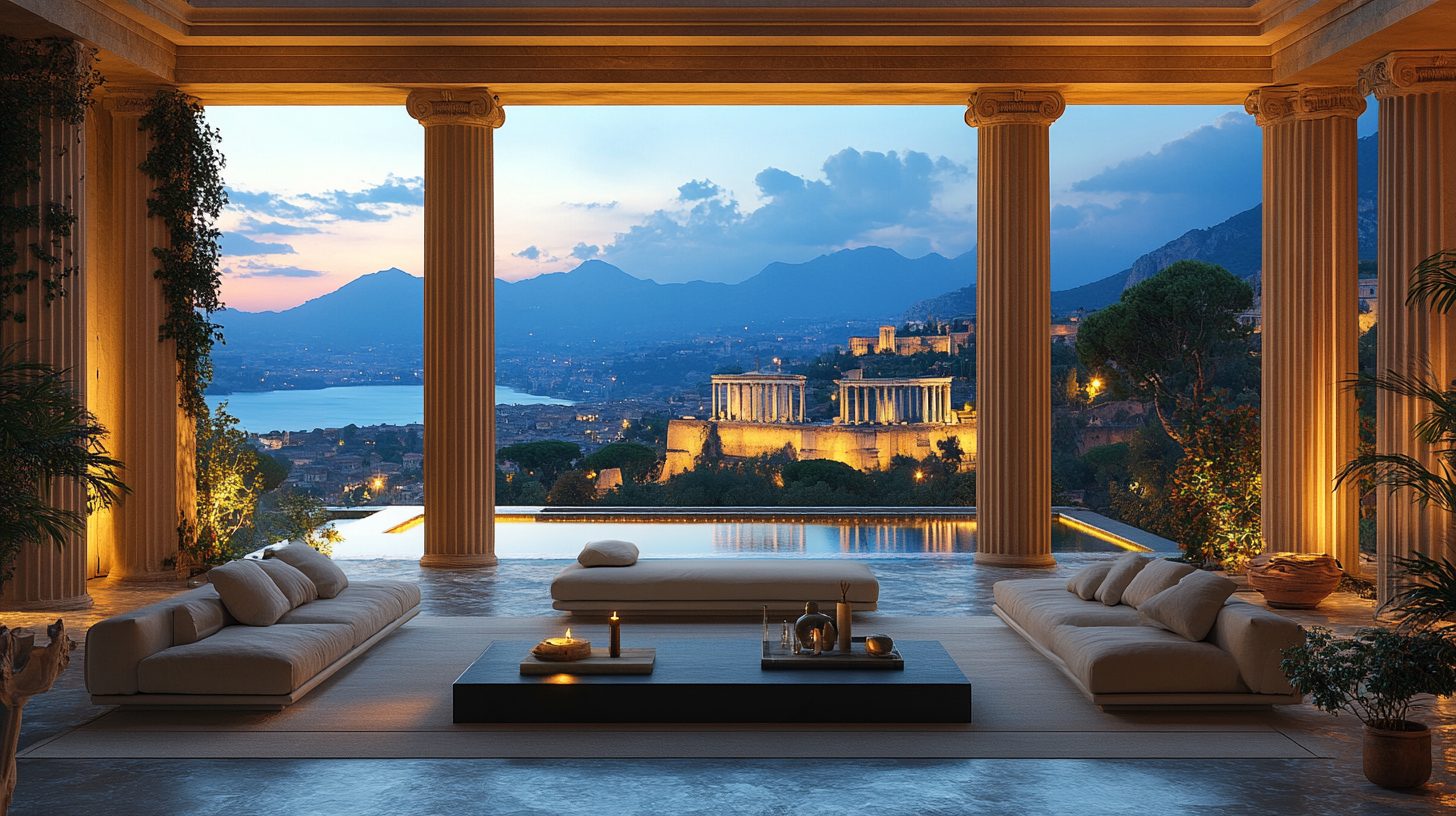 Modern Roman-Style Living Rooms with Ancient Cityscape Views