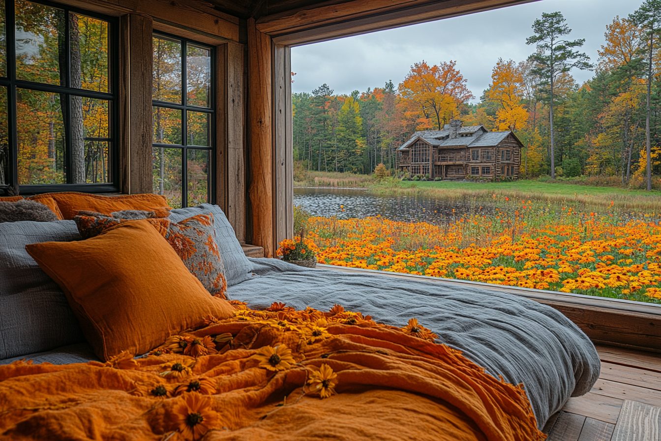 Rustic Bedroom with a Flowery Landscape View