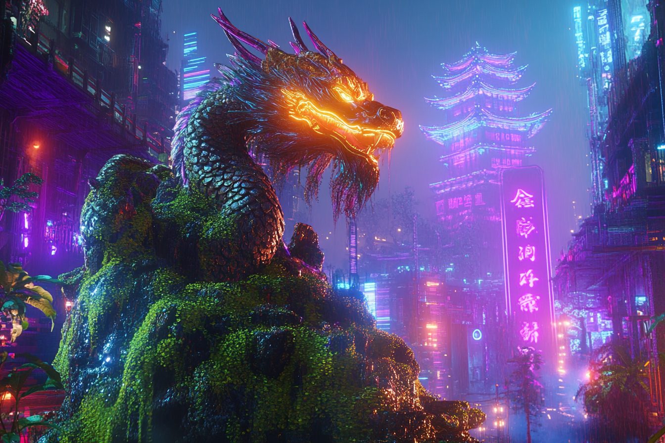 Feng Shui Neon Statues of Cyberpunk City