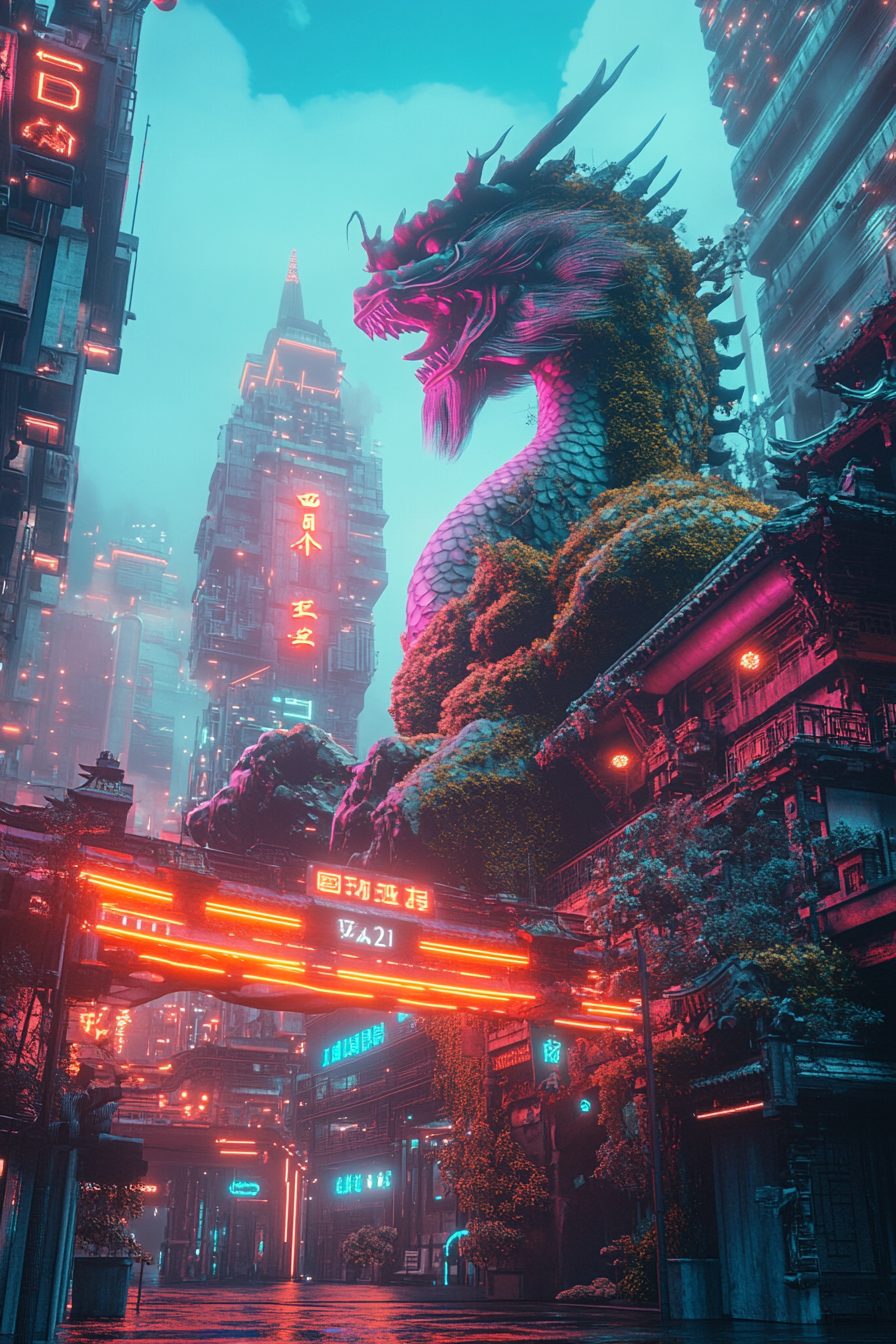 Feng Shui Neon Statues of Cyberpunk City