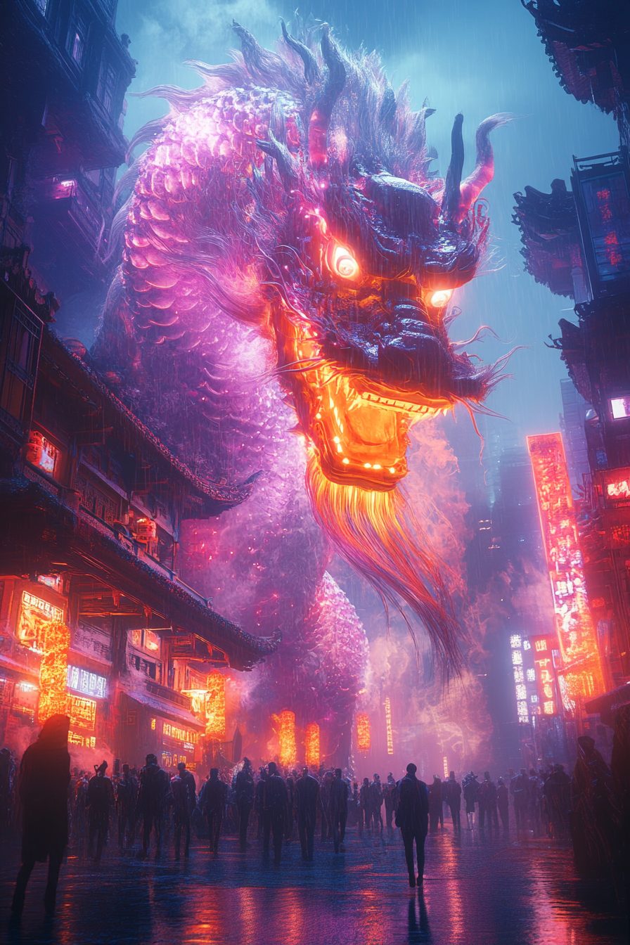 Feng Shui Neon Statues of Cyberpunk City