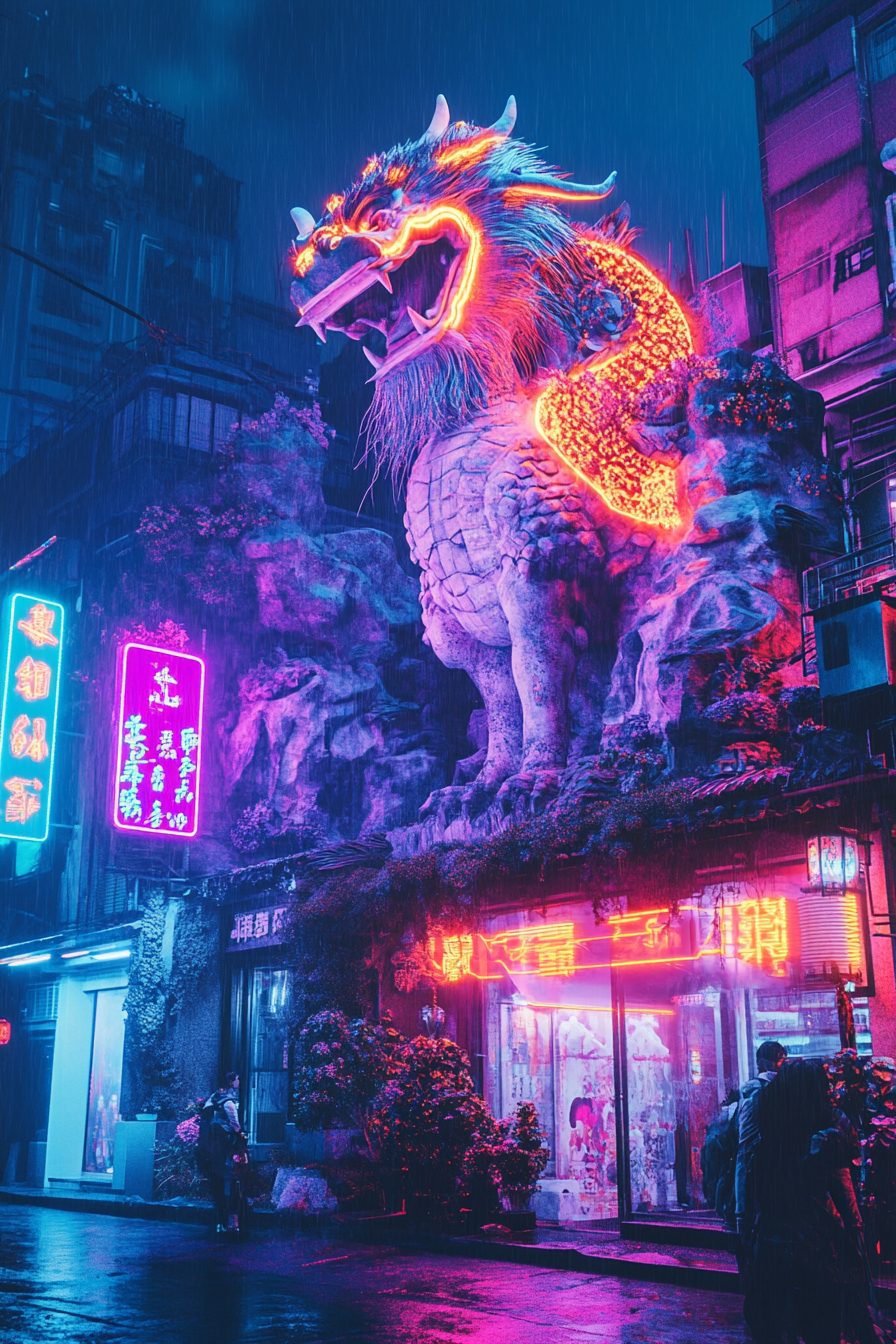 Feng Shui Neon Statues of Cyberpunk City
