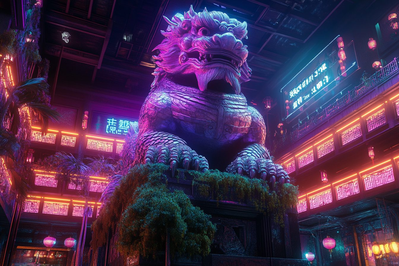 Feng Shui Neon Statues of Cyberpunk City
