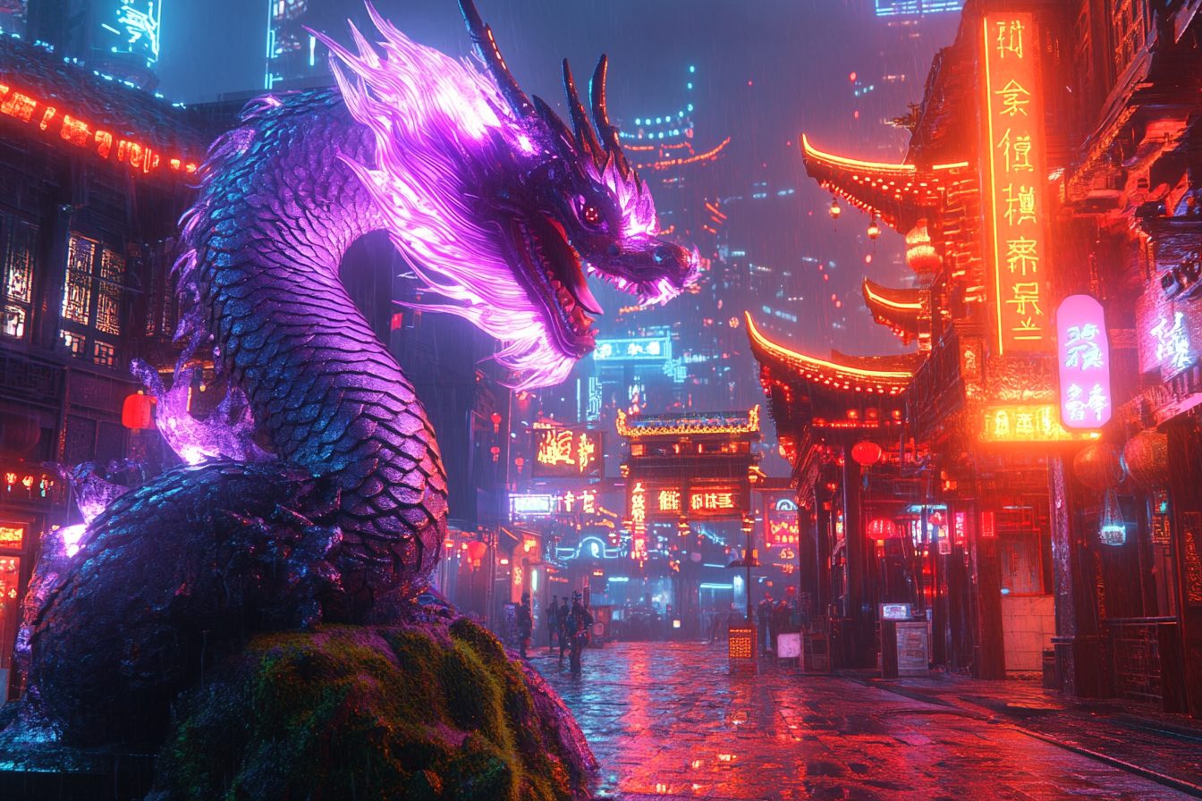Feng Shui Neon Statues of Cyberpunk City