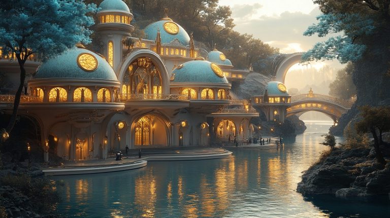 Futuristic Art Deco Buildings with Blue Neon Trees