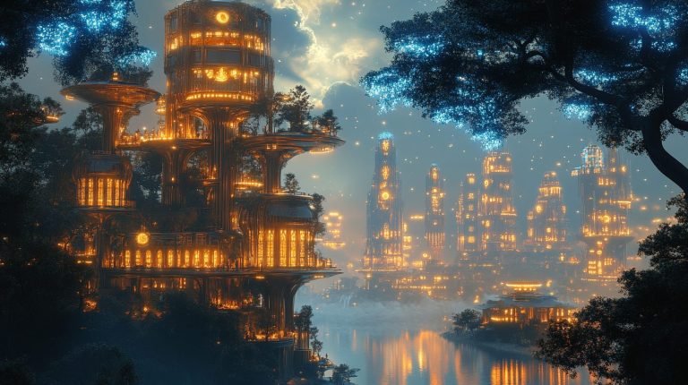 Futuristic Art Deco Buildings with Blue Neon Trees