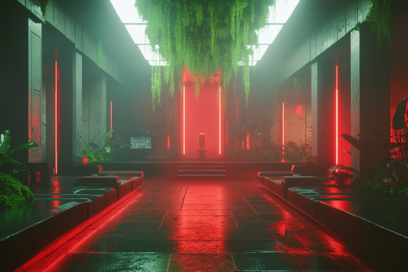 Interiors of Moss and Red Neon Lights