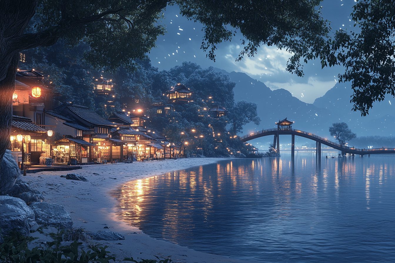 Japanese-Style Buildings and Bridges by the Waterfront