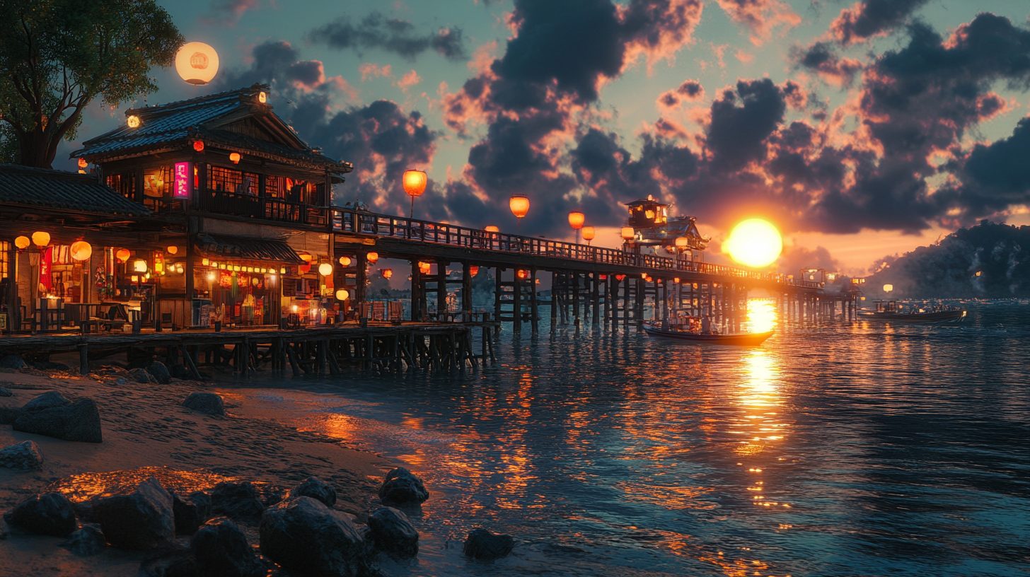 Japanese-Style Buildings and Bridges by the Waterfront