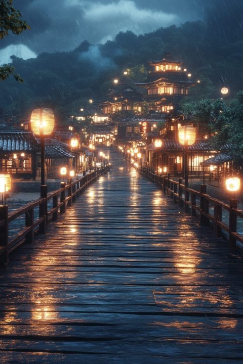 Japanese-Style Buildings and Bridges by the Waterfront