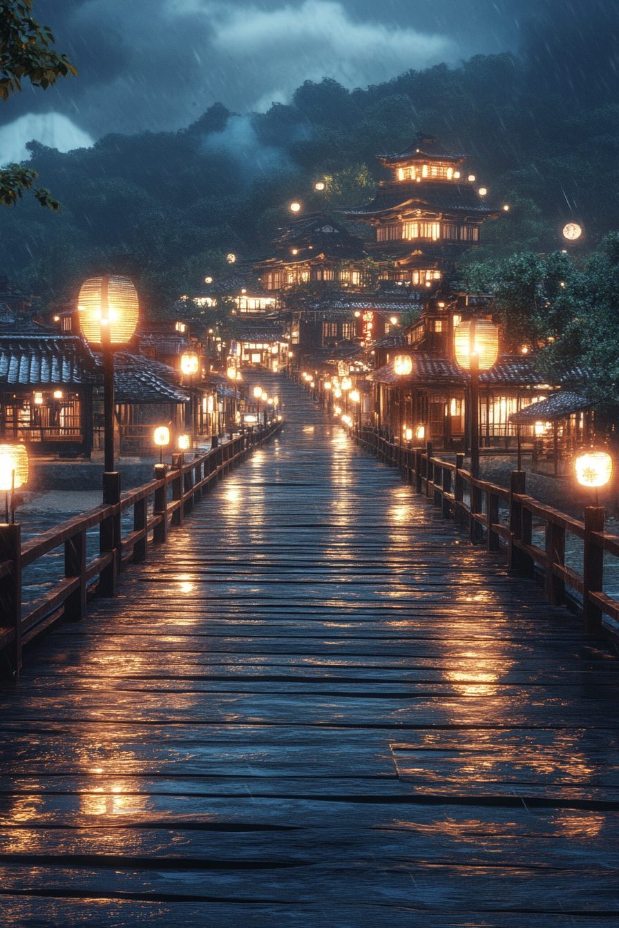Japanese-Style Buildings and Bridges by the Waterfront