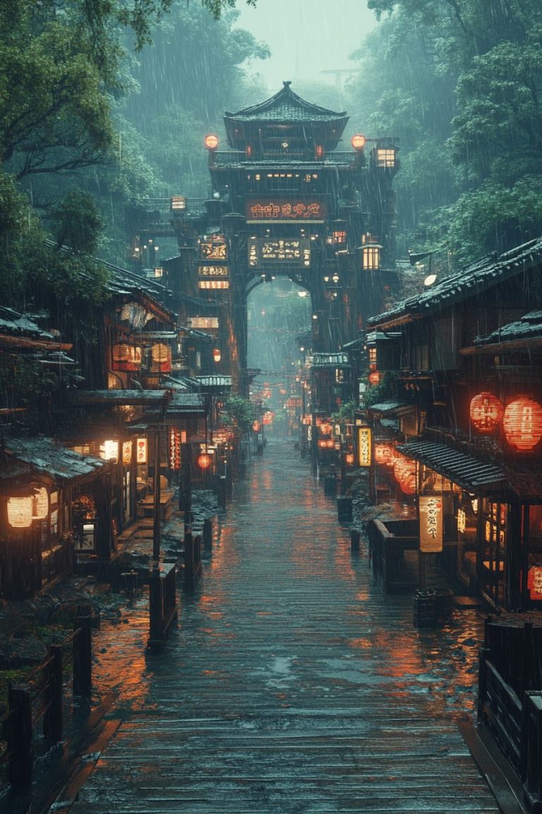 Japanese-Style Buildings and Bridges by the Waterfront