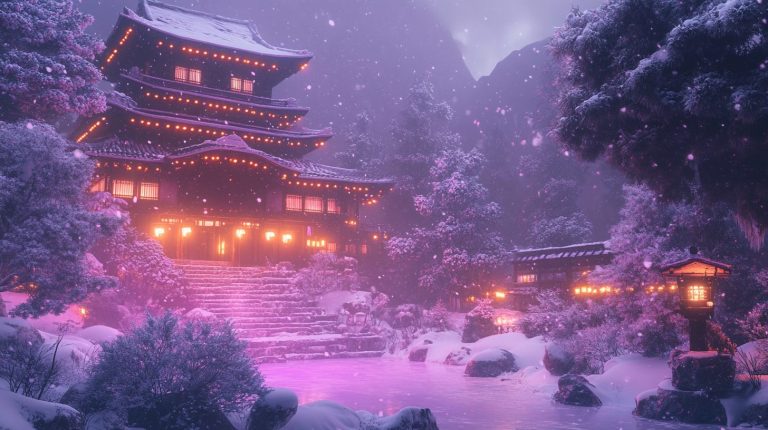 Japanese-Style Houses with Purple Neon Lighting