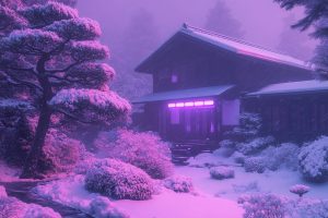 Japanese-Style Houses with Purple Neon Lighting