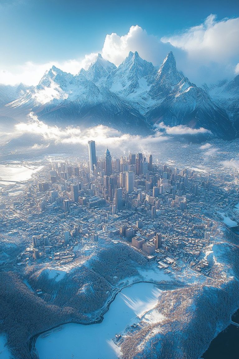 Cityscapes with Snow-Covered Mountains