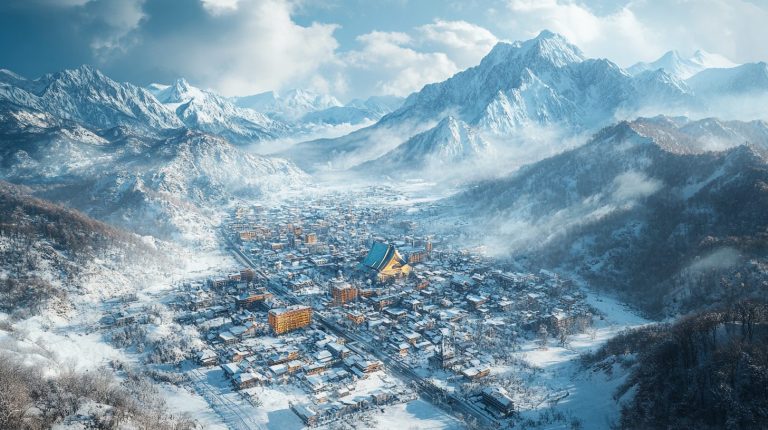 Cityscapes with Snow-Covered Mountains