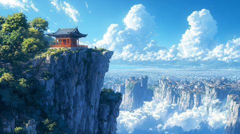 Cliffside Japanese Pavilion with a View – Anime Vibes