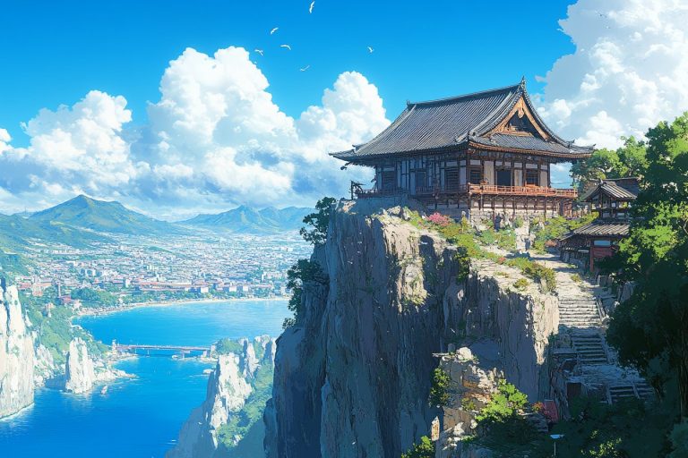 Cliffside Japanese Pavilion with a View – Anime Vibes