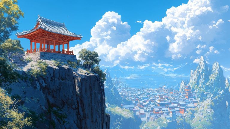 Cliffside Japanese Pavilion with a View – Anime Vibes