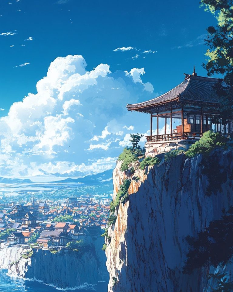 Cliffside Japanese Pavilion with a View – Anime Vibes