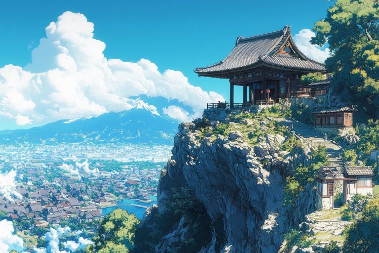 Cliffside Japanese Pavilion with a View – Anime Vibes