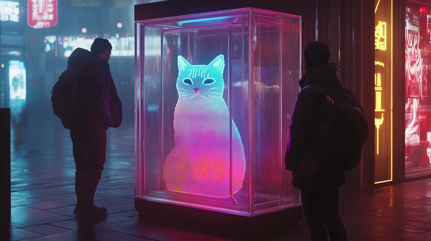 Digital Cat Pop-Up Displays in Cyberpunk City