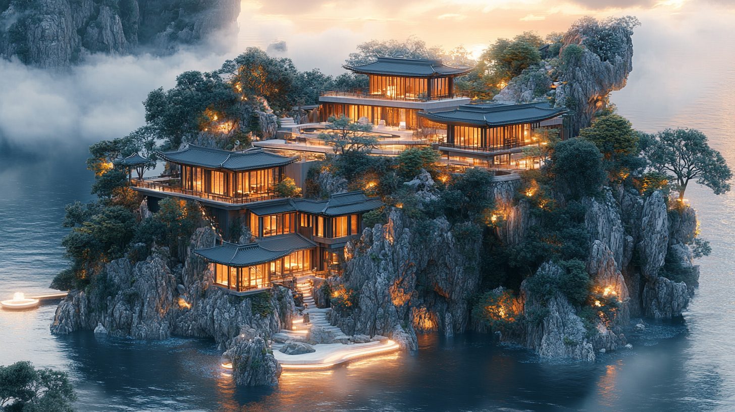 Modern Chinese-Style Houses on Rocky Islets
