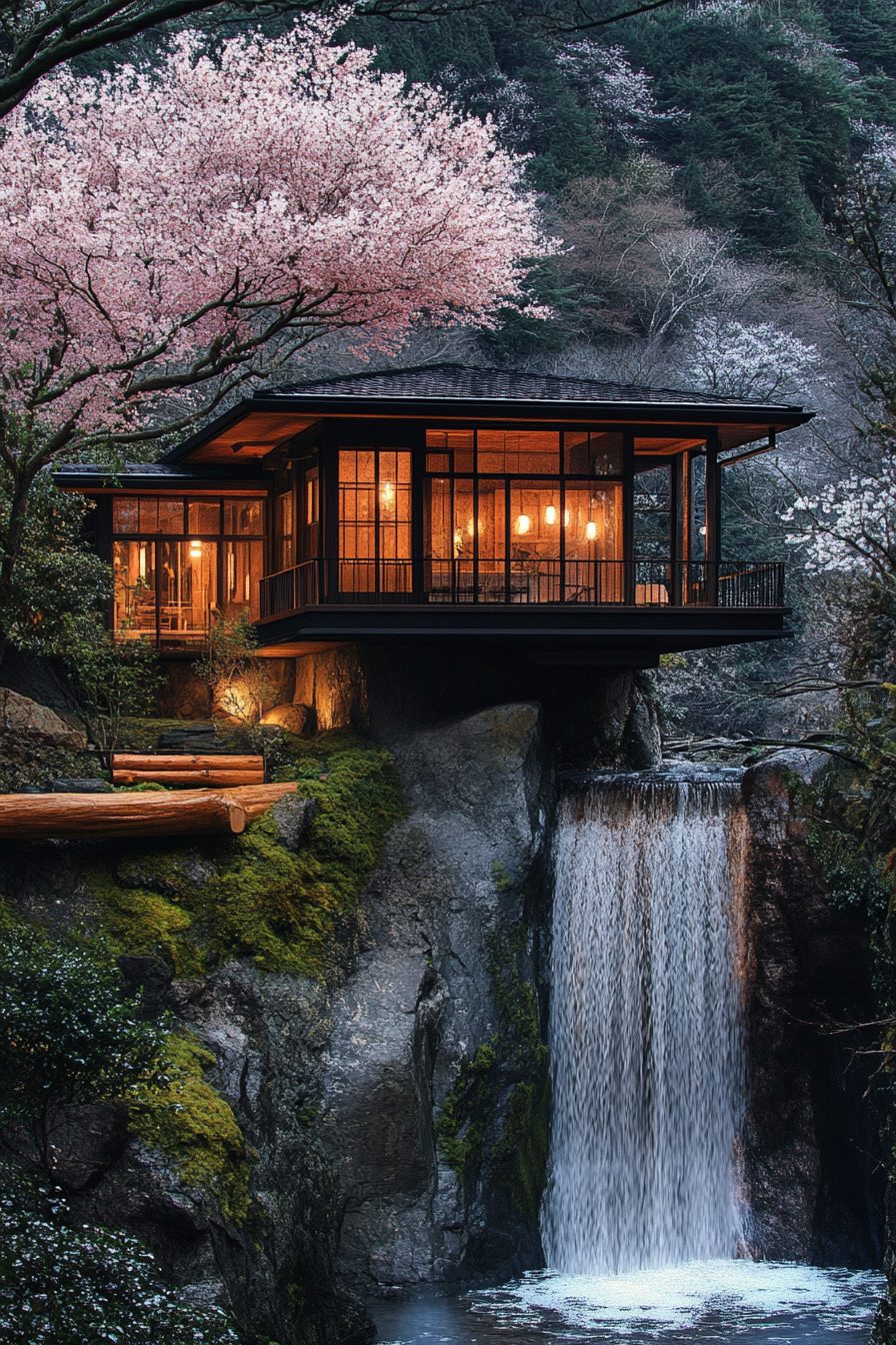 Rustic Houses near Waterfalls in Japan