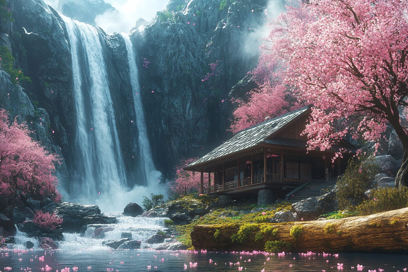 Rustic Houses near Waterfalls in Japan