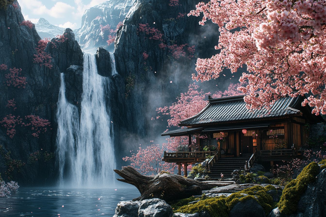 Rustic Houses near Waterfalls in Japan