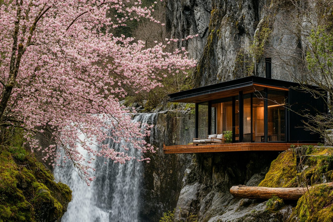 Rustic Houses near Waterfalls in Japan