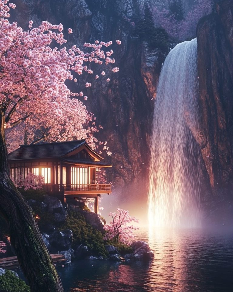 Rustic Houses near Waterfalls in Japan