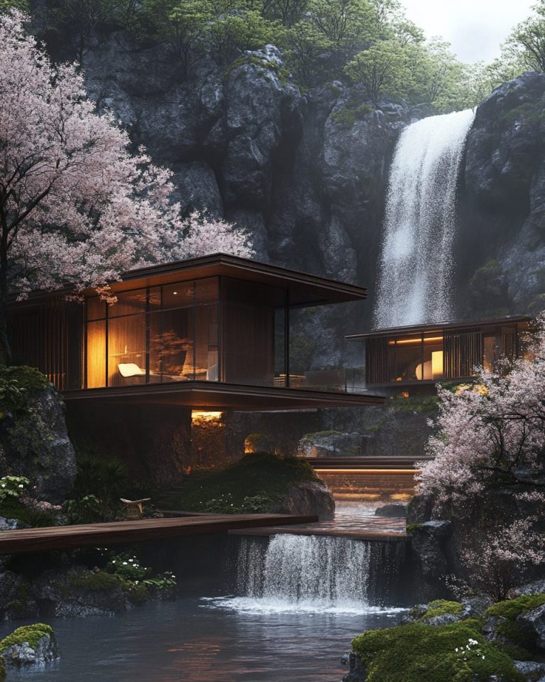 Rustic Houses near Waterfalls in Japan