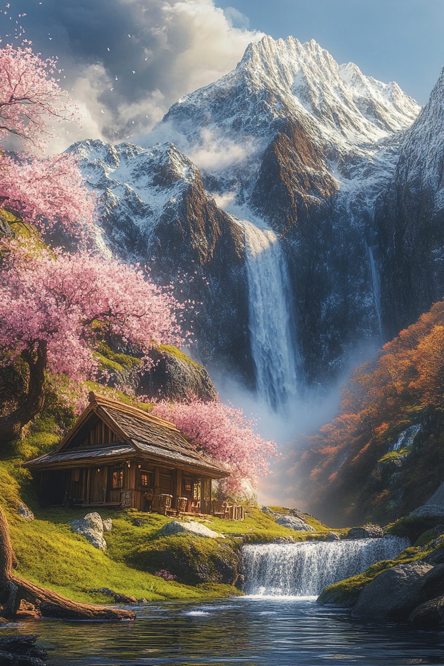 Rustic Houses near Waterfalls in Japan