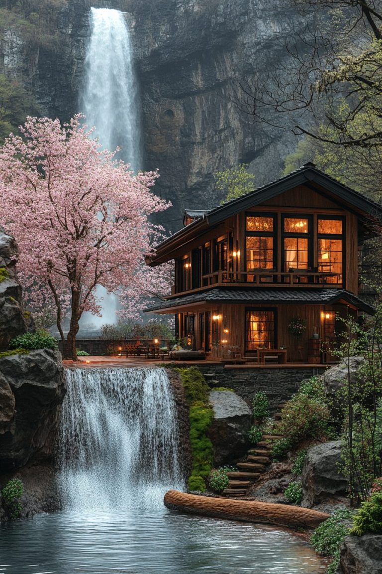 Rustic Houses near Waterfalls in Japan