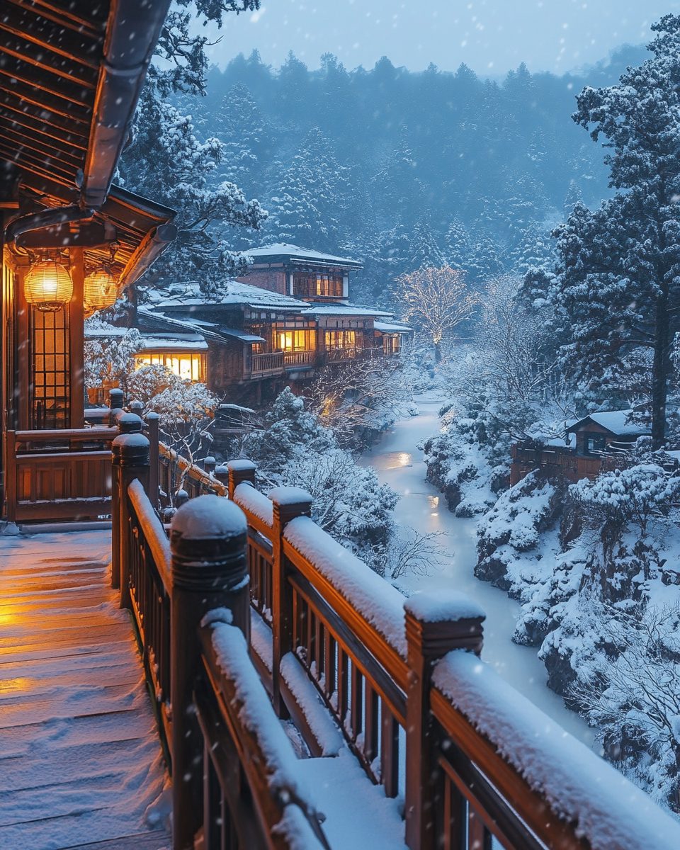 Traditional Japanese-Style House Balcony with a Snow-Covered View