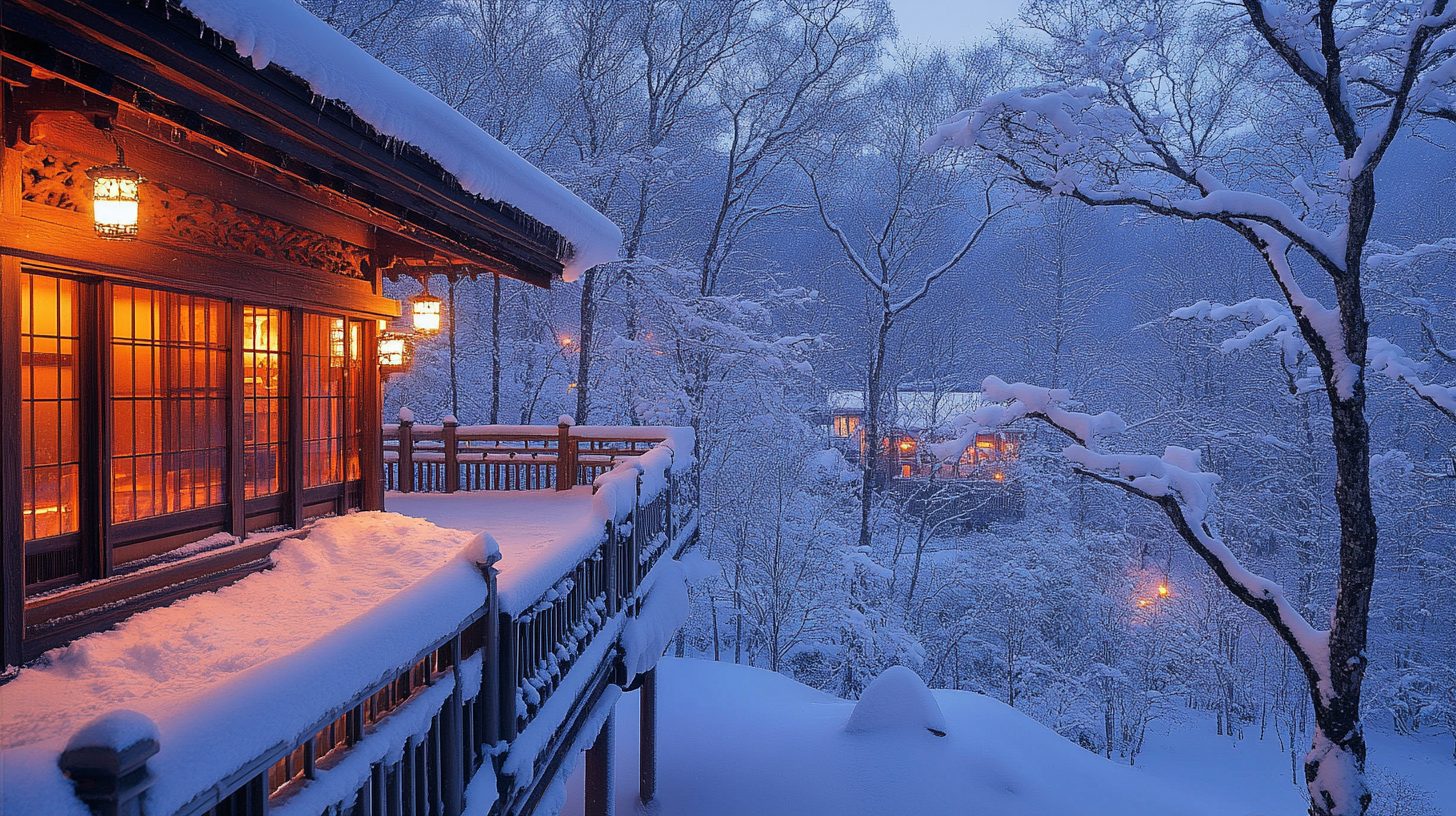 Traditional Japanese-Style House Balcony with a Snow-Covered View