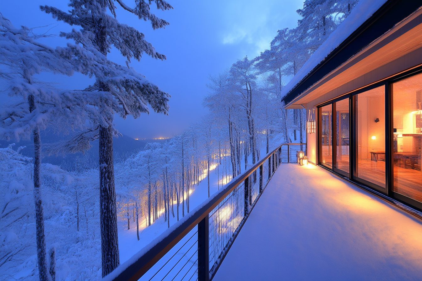 Traditional Japanese-Style House Balcony with a Snow-Covered View