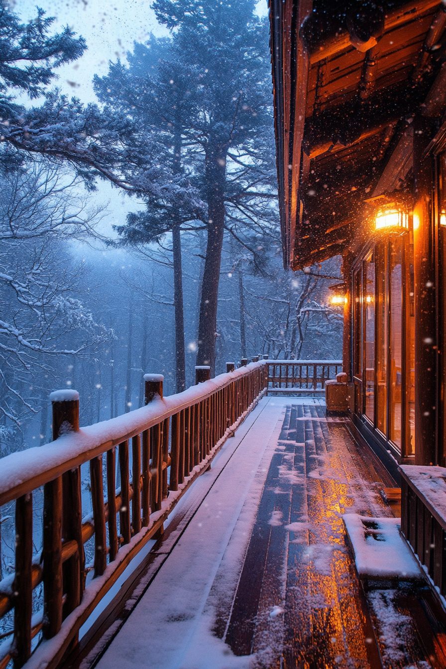Traditional Japanese-Style House Balcony with a Snow-Covered View