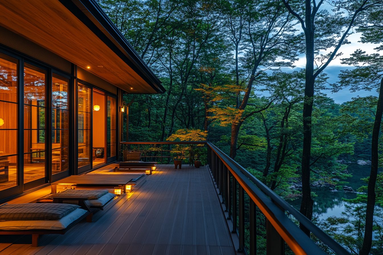 Traditional Japanese-Style House Balcony with a Snow-Covered View