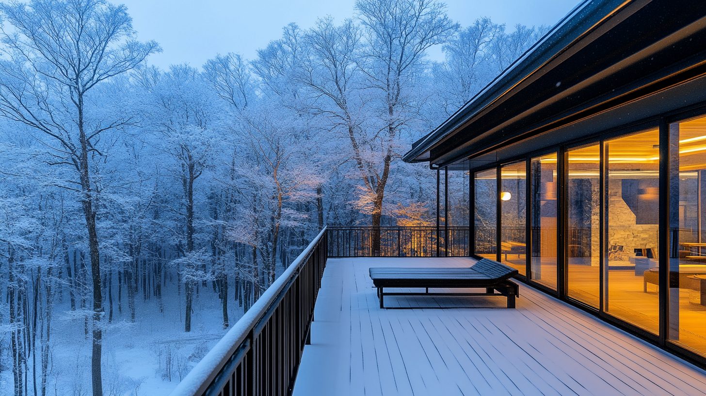 Traditional Japanese-Style House Balcony with a Snow-Covered View