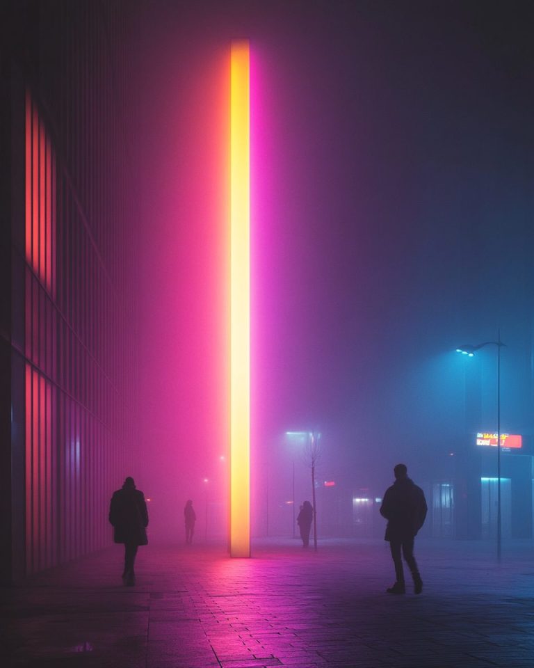 Vivid Neon Light Pillars of the City