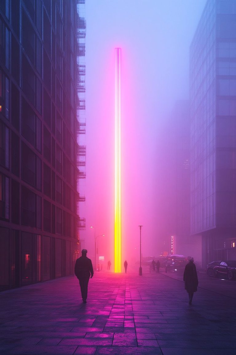 Vivid Neon Light Pillars of the City