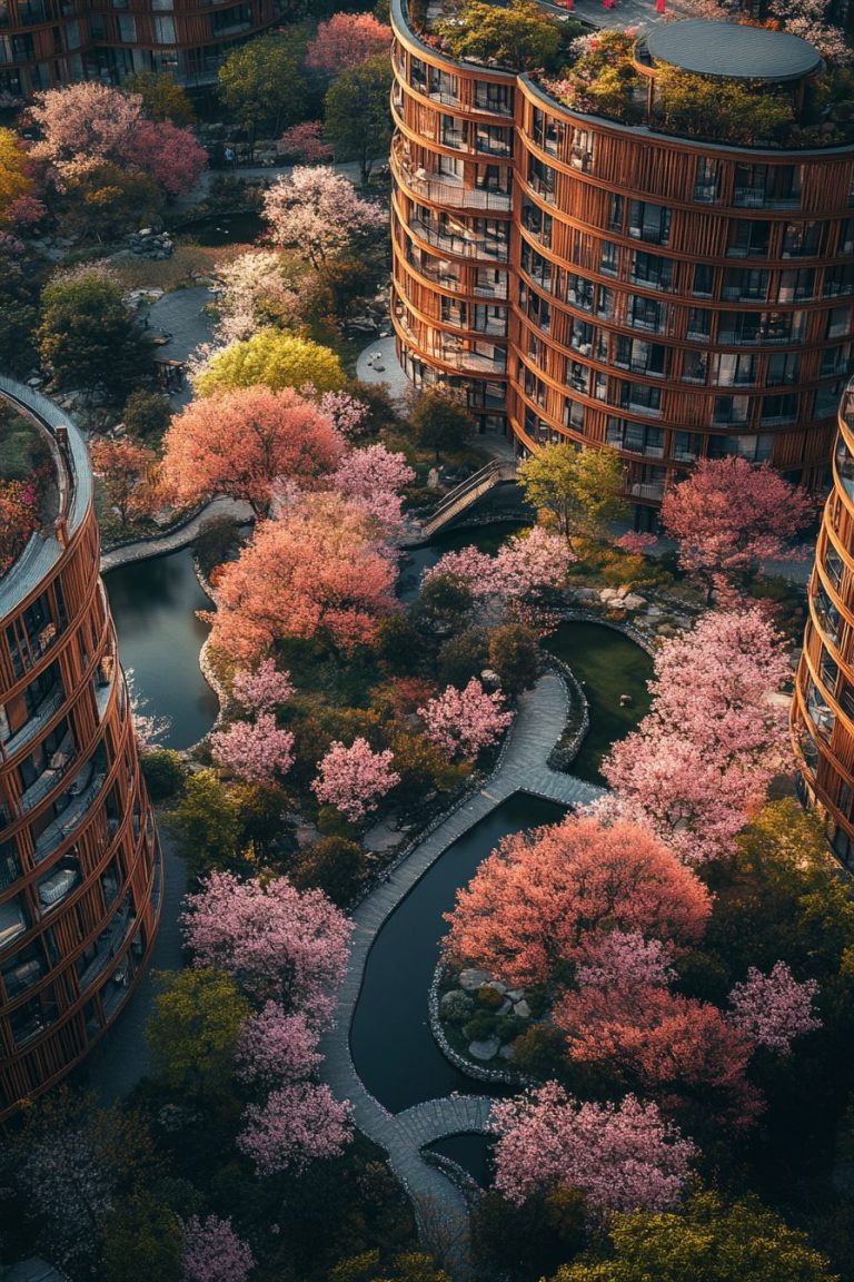 Bamboo Apartment Buildings with Cherry Blossom Trees